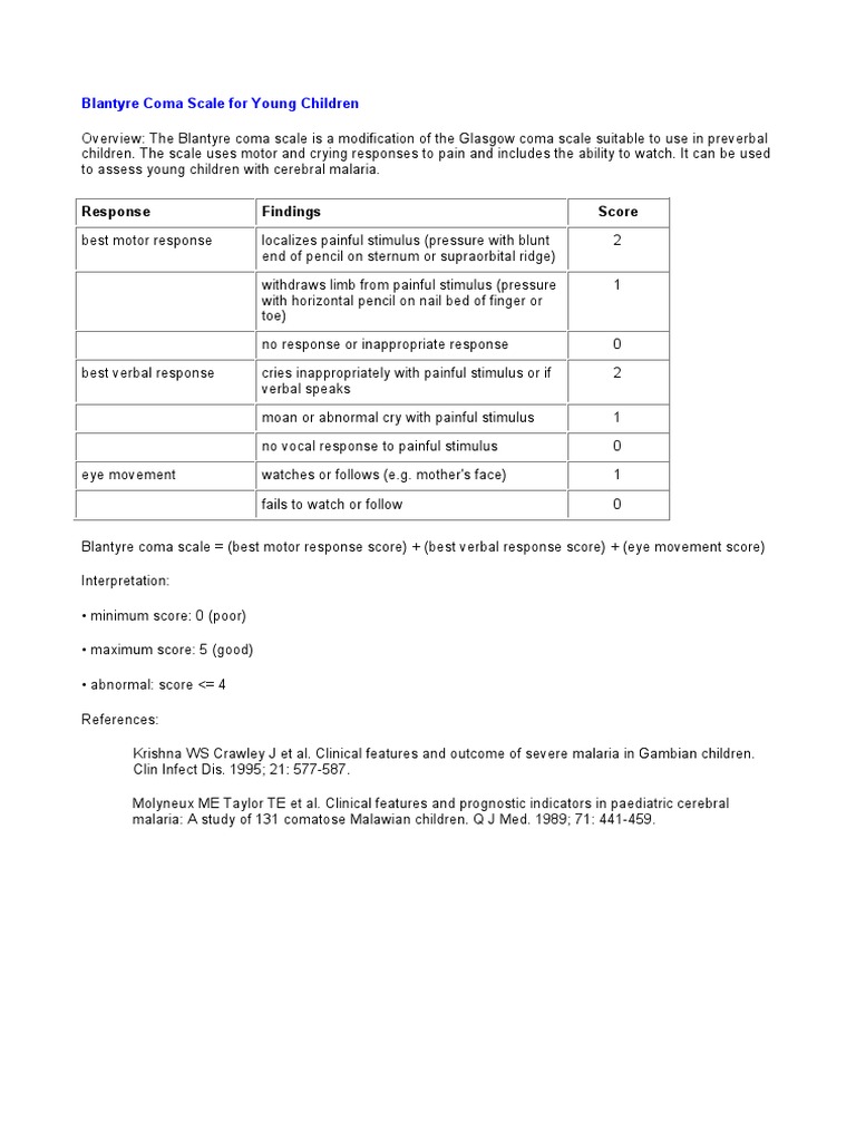 Blantyre Coma Scale For Young Children | PDF
