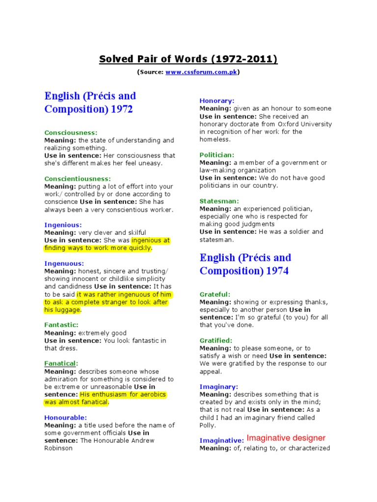 Pairs of Words From Past CSS Papers | PDF | Precedent | Odor