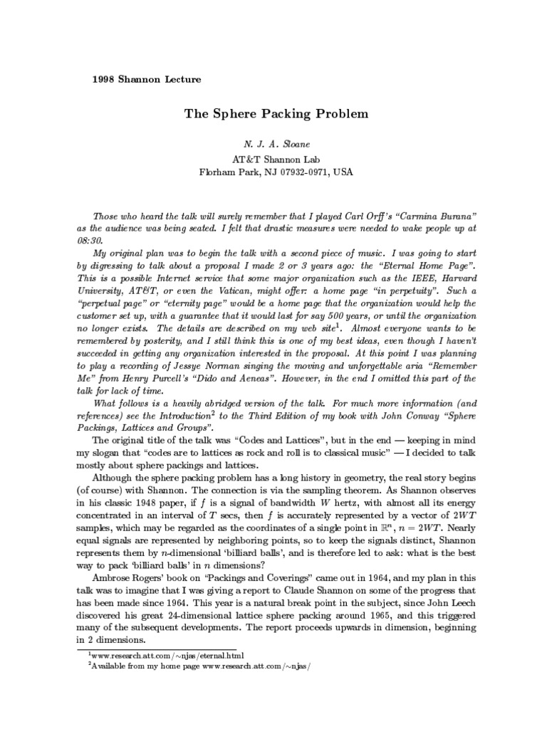 The Sphere Packing Problem in Dimensions 1-10 | PDF | Geometry ...