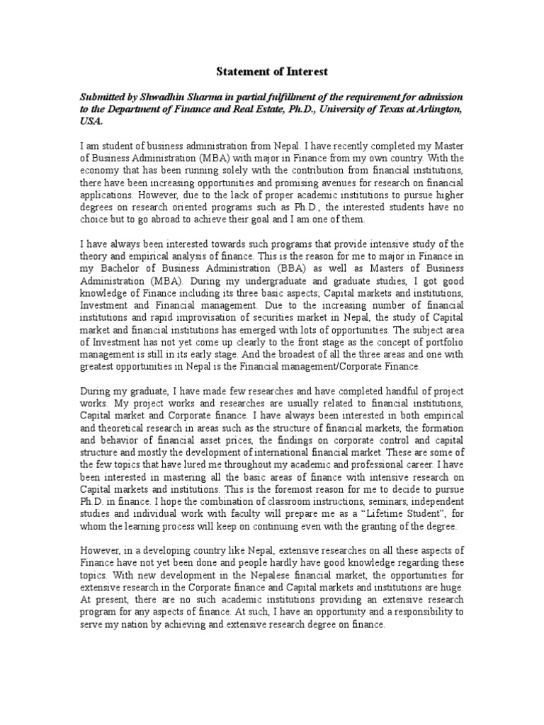 Ph.D. Finance Statement of Interest | PDF | Master Of Business ...