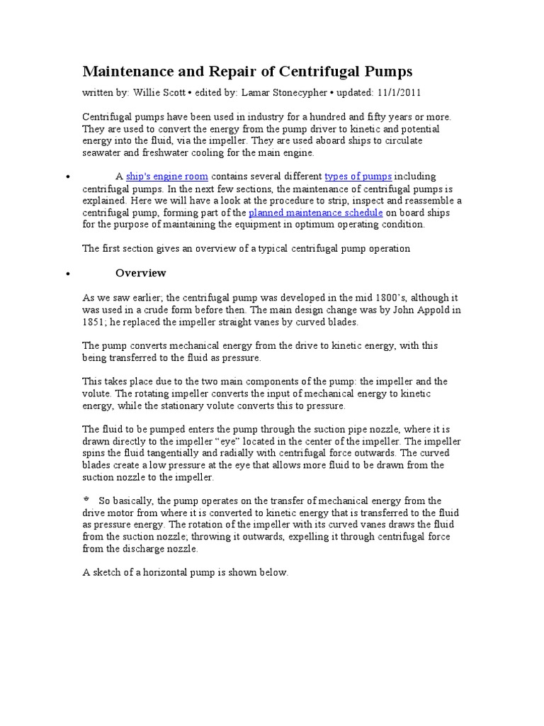Maintenance, Inspection, and Repair Procedures for Centrifugal Pumps ...