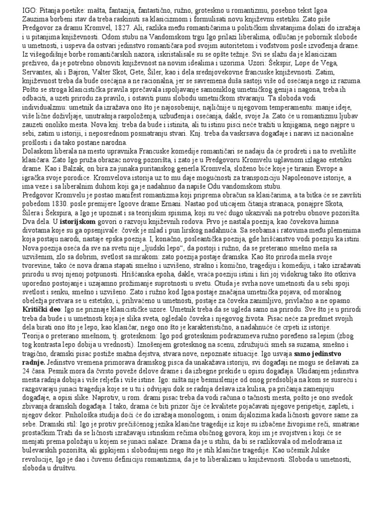 Viktor Igo Predgovor Kromvelu Poetika Romantizma | PDF