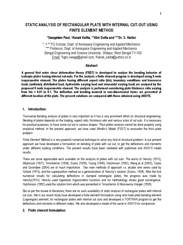 Static Analysis of Rectangular Plate With Internal Cut-Out Using Finite ...