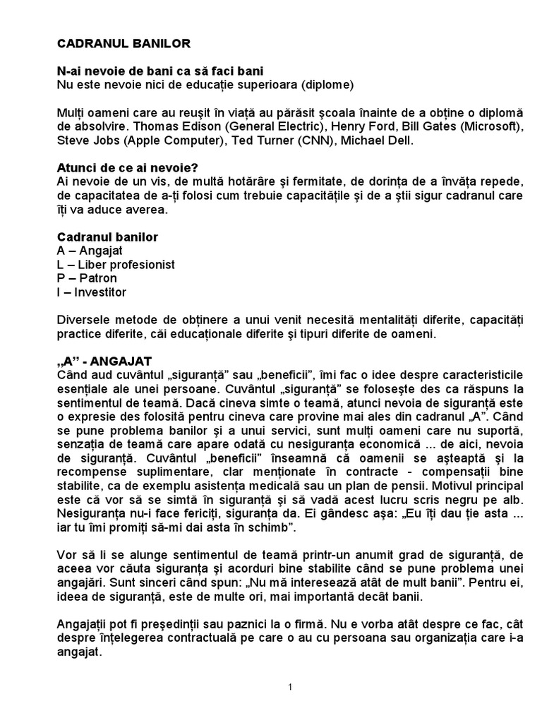 Cadranul Banilor - Angajat, Liber Profesionist, Patron, Investitor | PDF