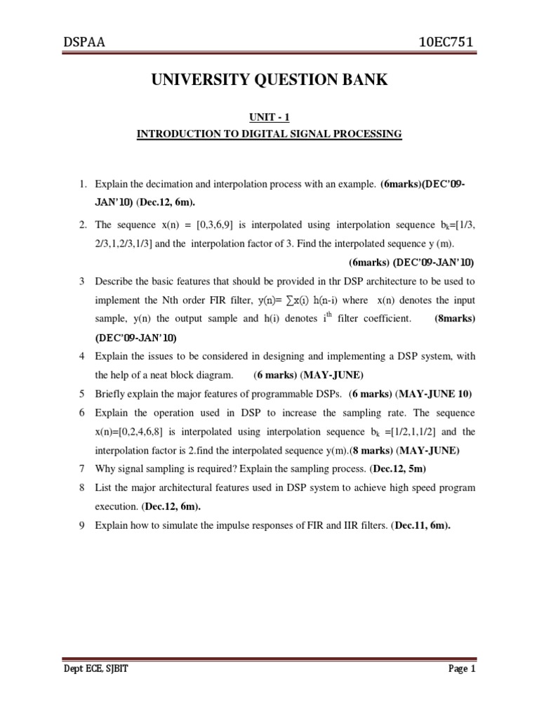 Ece-Vii-dsp Algorithms & Architecture (10ec751) - Question Paper | PDF | Digital Signal ...