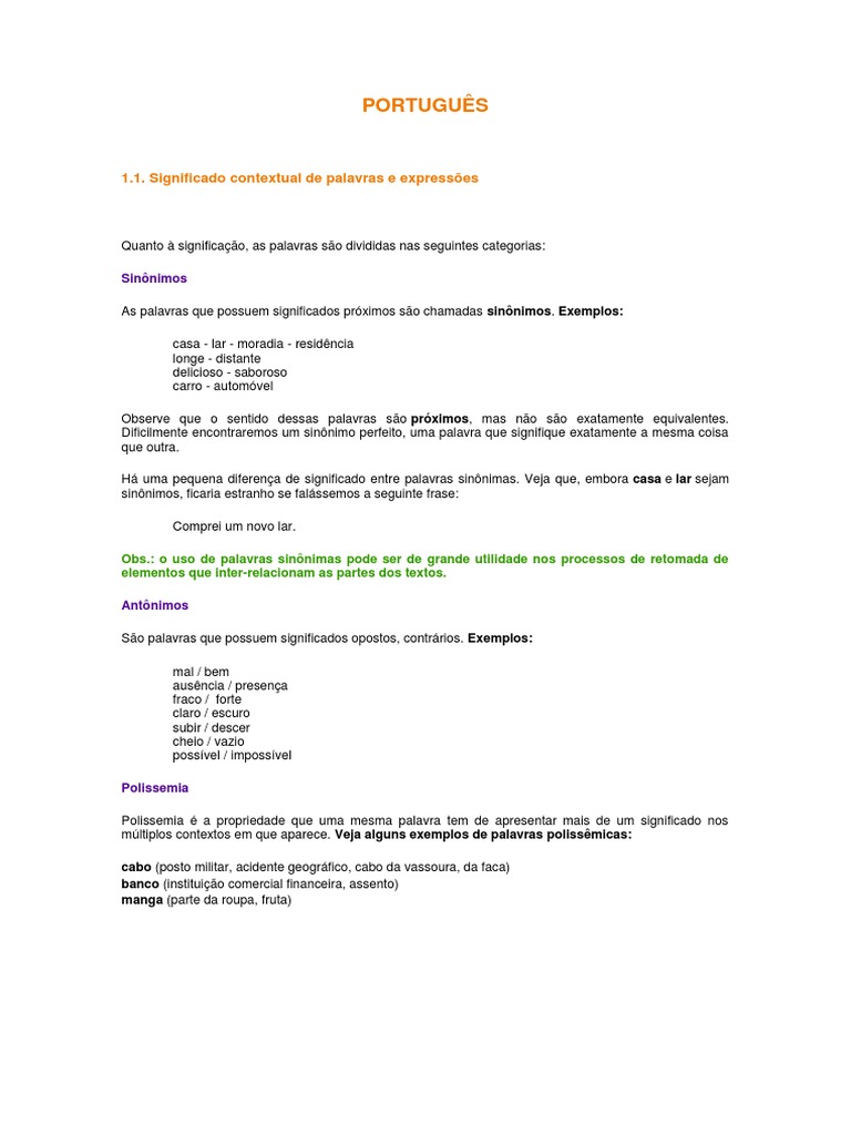PORTUGUÊS - Significado Contextual de Palavras e Expressões | PDF ...