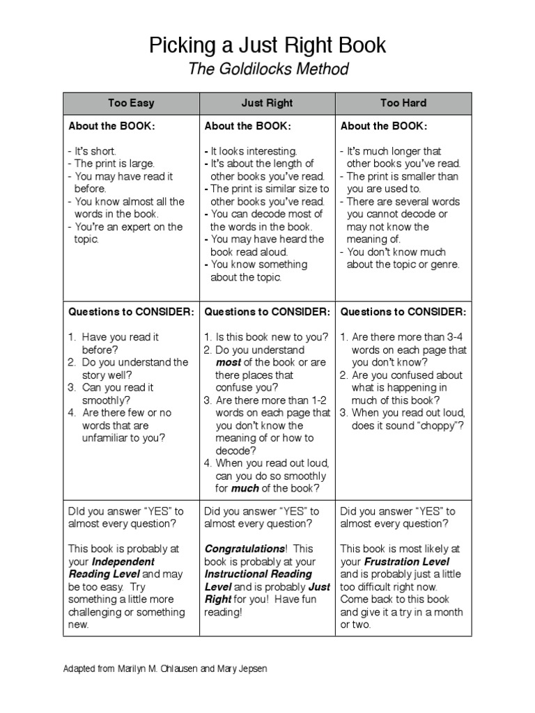 Picking A Just Right Book: The Goldilocks Method | PDF