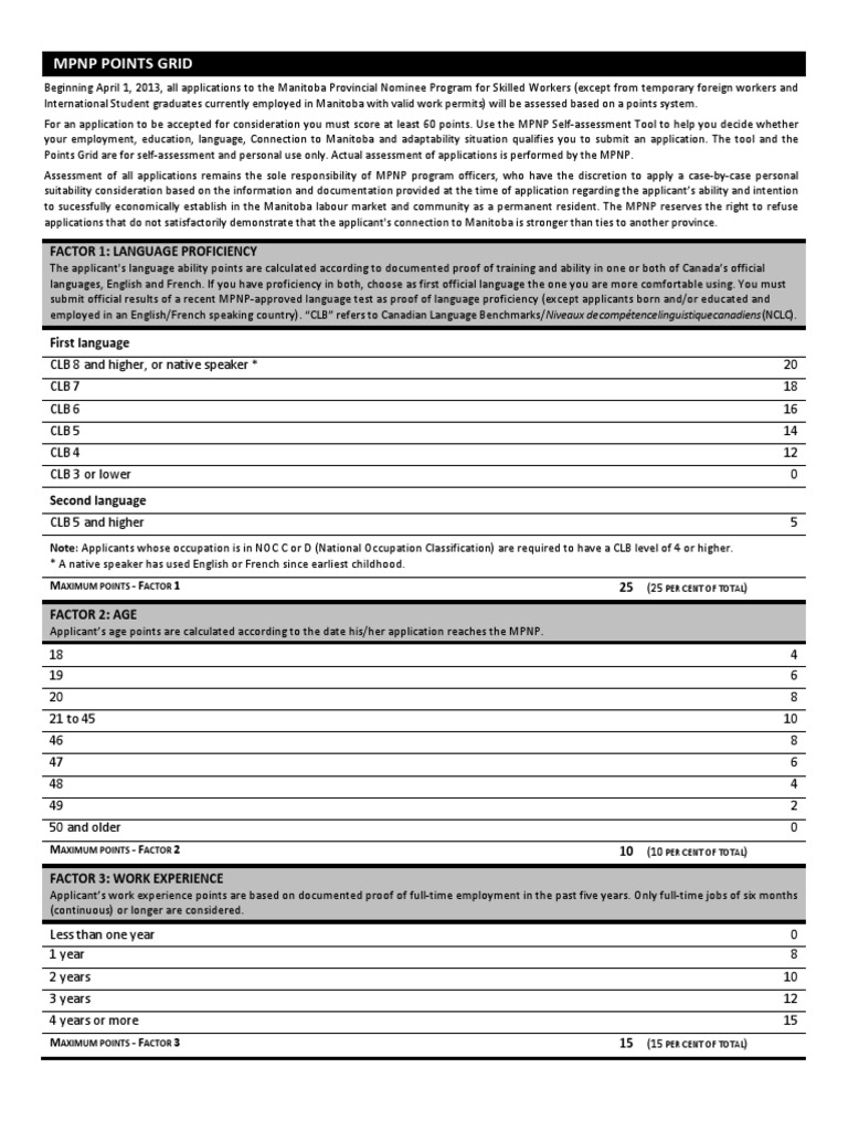 MPNP Points Grid: Factor 1: Language Proficiency | PDF | Higher ...