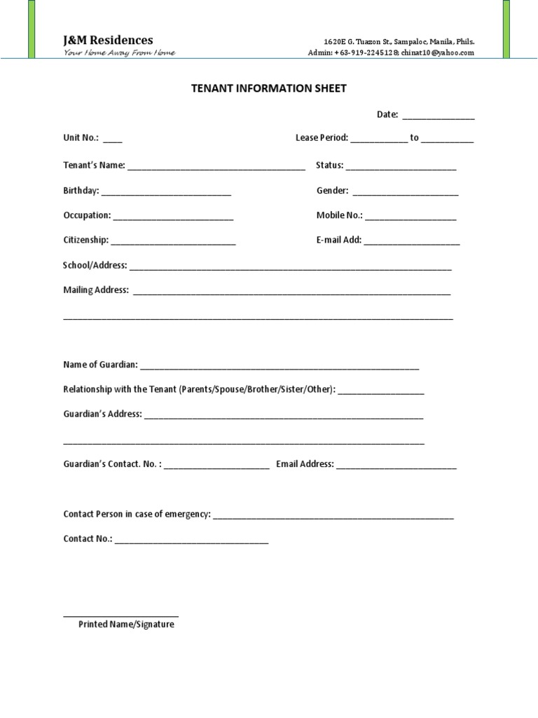 Tenant Information Sheet Template | PDF | Law
