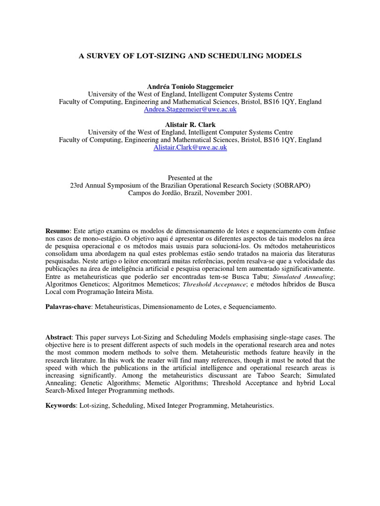 A Survey of Lot Sizing and Scheduling Models | PDF | Metaheuristic | Scheduling (Production ...
