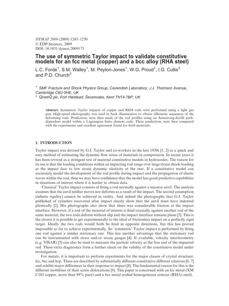 The Use of Symmetric Taylor Impact To Validate Constitutive Models For ...