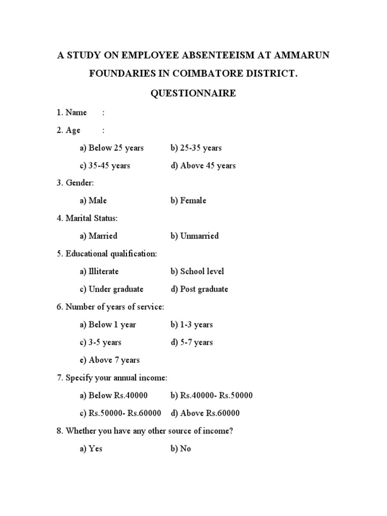 A Study On Employee Absenteeism at Ammarun Foundaries in Coimbatore ...