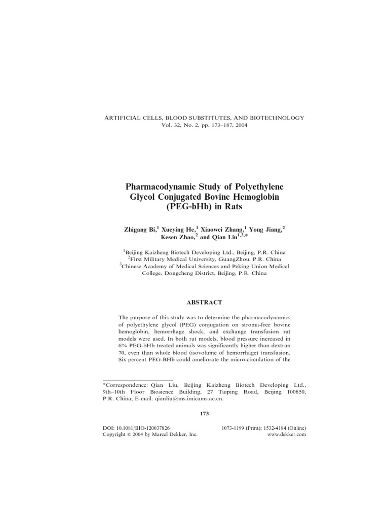 Pharmacodynamic Study of Polyethylene Glycol Conjugated Bovine Hemoglobin (Peg-Bhb) in Rats ...