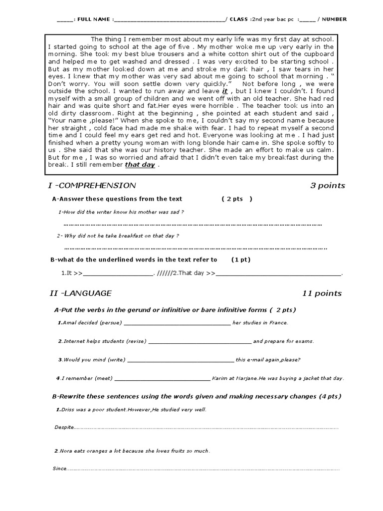 A Test For Moroccan Bac Students | PDF