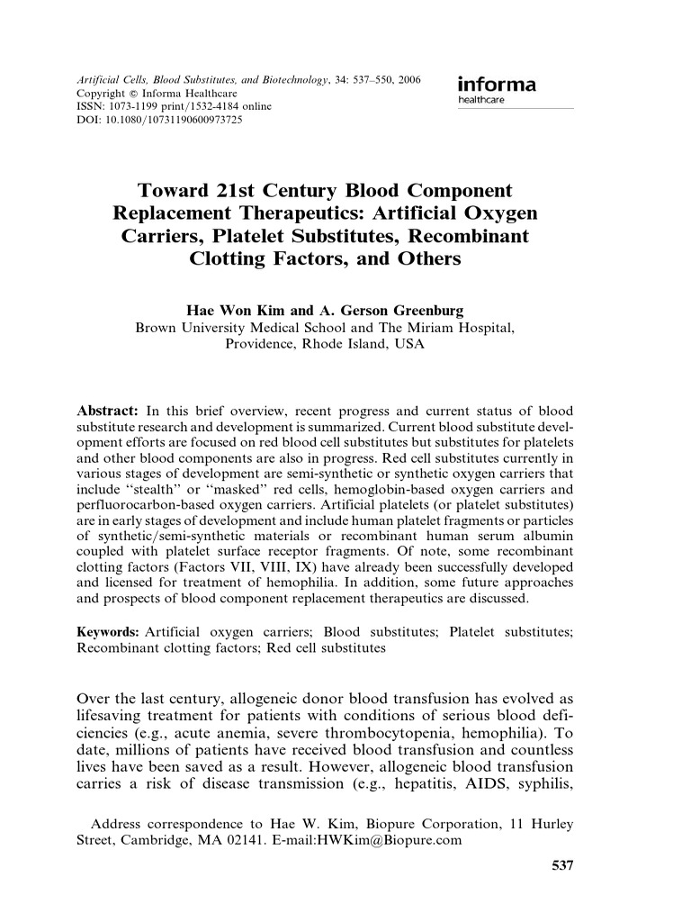 Toward 21st Century Blood Component Replacement Therapeutics ...