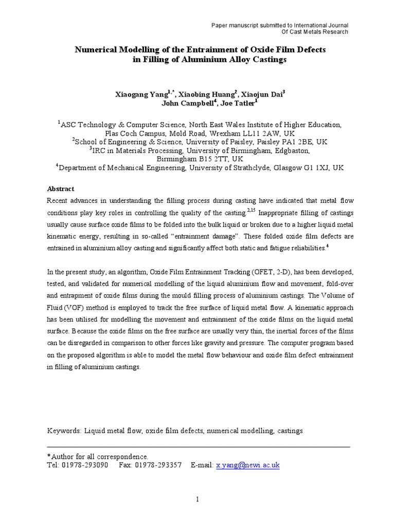 Numerical Modelling of The Entrainment of Oxide Film Defects in Filling ...