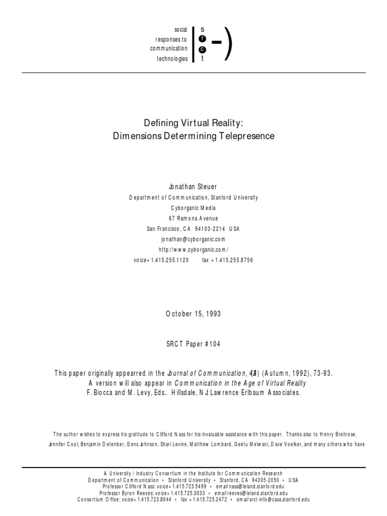 Steuer - Defining Virtual Reality | PDF | Virtual Reality | Perception