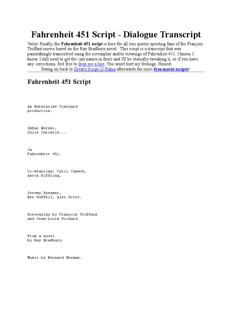 Fahrenheit 451 Script - Dialogue Transcript | PDF | Ray Bradbury