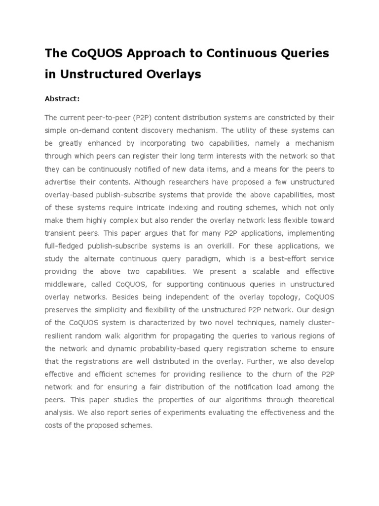 The Coquos Approach To Continuous Queries in Unstructured Overlays | PDF | Peer To Peer ...