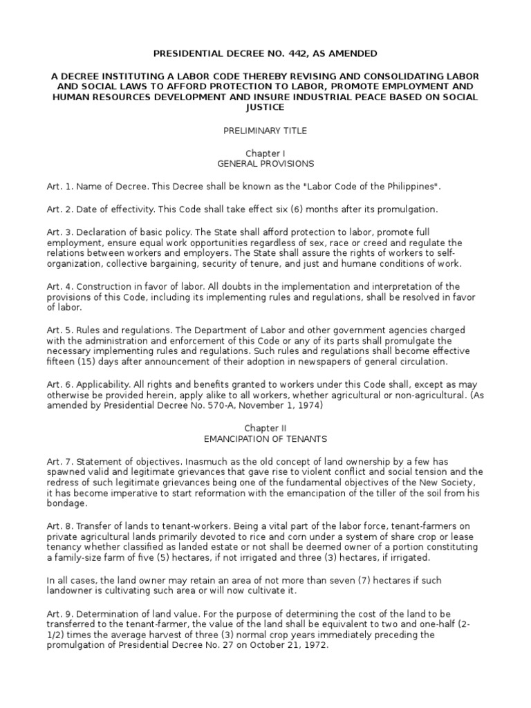 PD No. 442 - Labor Code of The Philippines | PDF | Apprenticeship ...