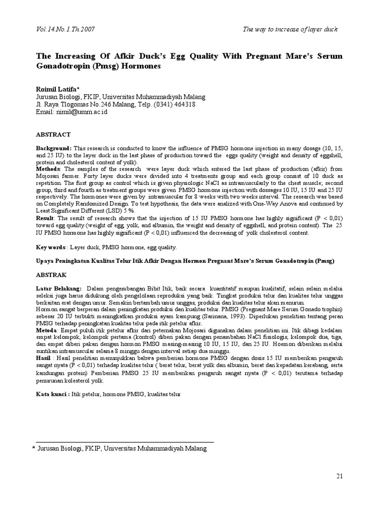 The Increasing of Afkir Duck's Egg Quality With Pregnant Mare's Serum ...