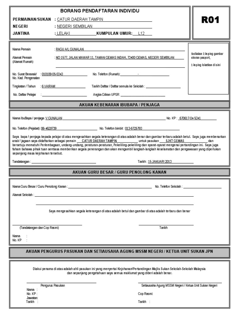 Borang Pendaftaran R01 | PDF