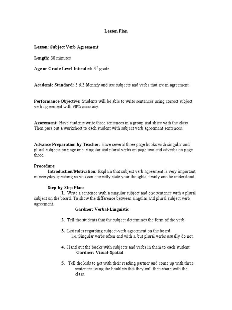 Subject-Verb Agreement Lesson Plan | PDF | Verb | Lesson Plan