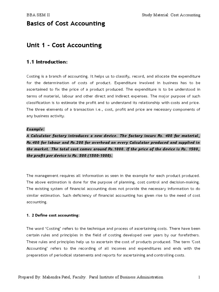 SEM II Cost-Accounting Unit 1 | PDF | Cost Accounting | Cost