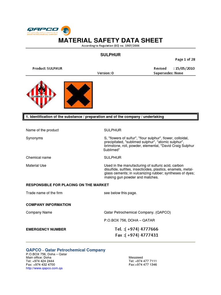 Sulphur Msds | Chlorine | Sulfur