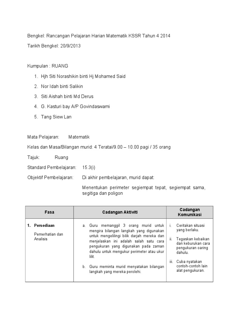 Contoh RPH Ruang Dan Lembaran Kerja Perimeter t4 | PDF