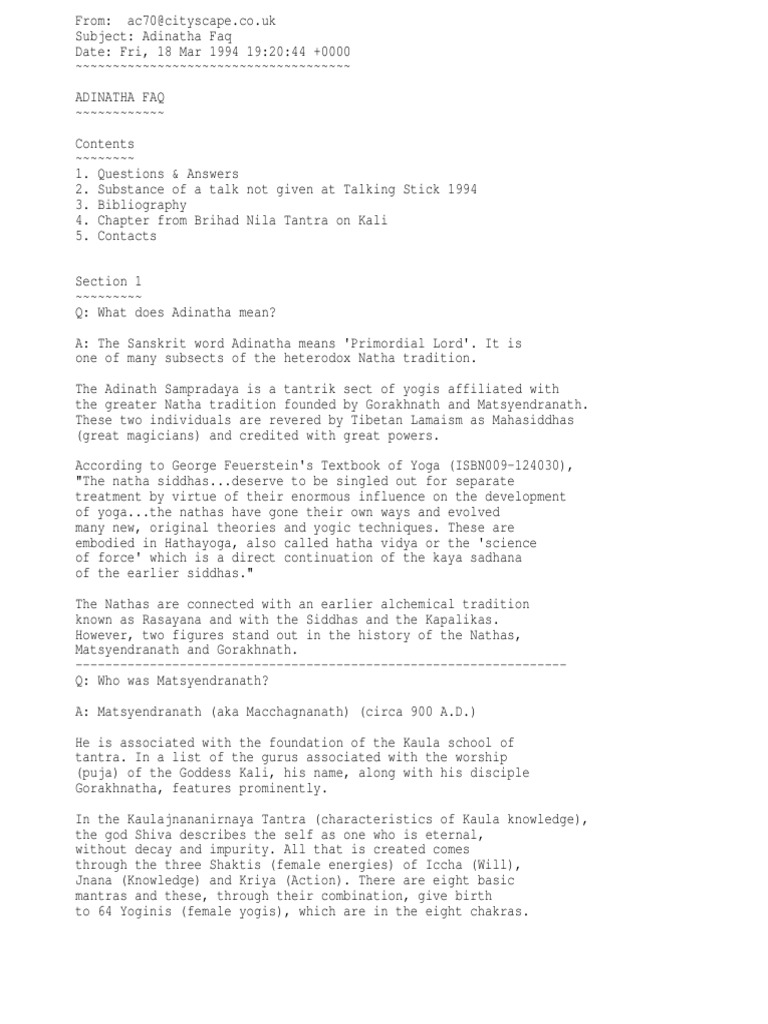 Adi Natha | PDF | Kundalini Yoga | Yoga