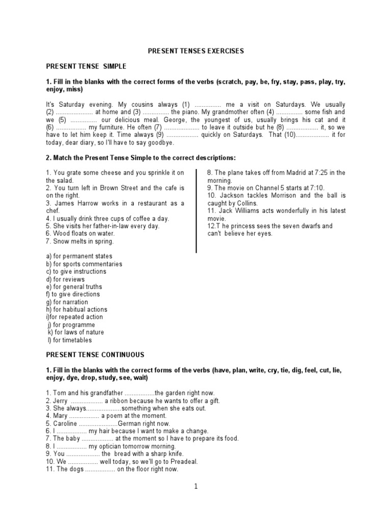Present Tenses Exercises | PDF