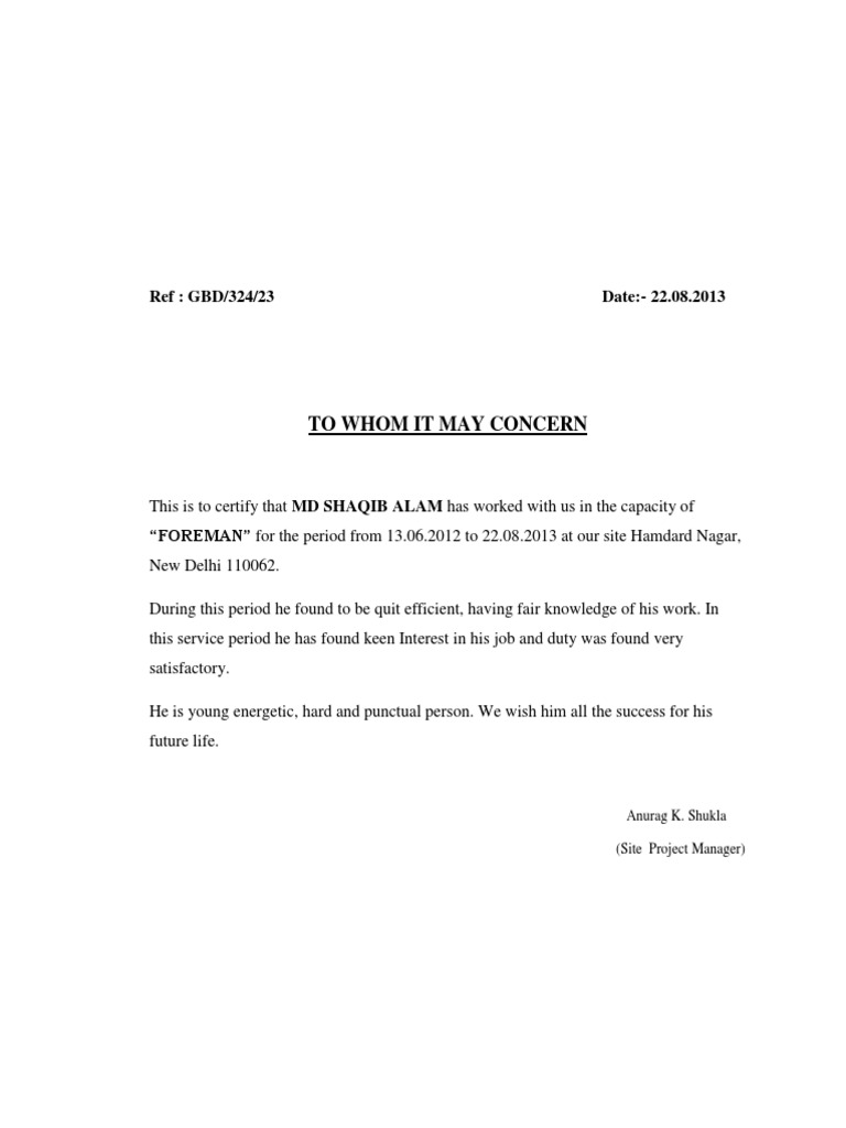 Foreman Employment Certificate for Shaqib Alam | PDF