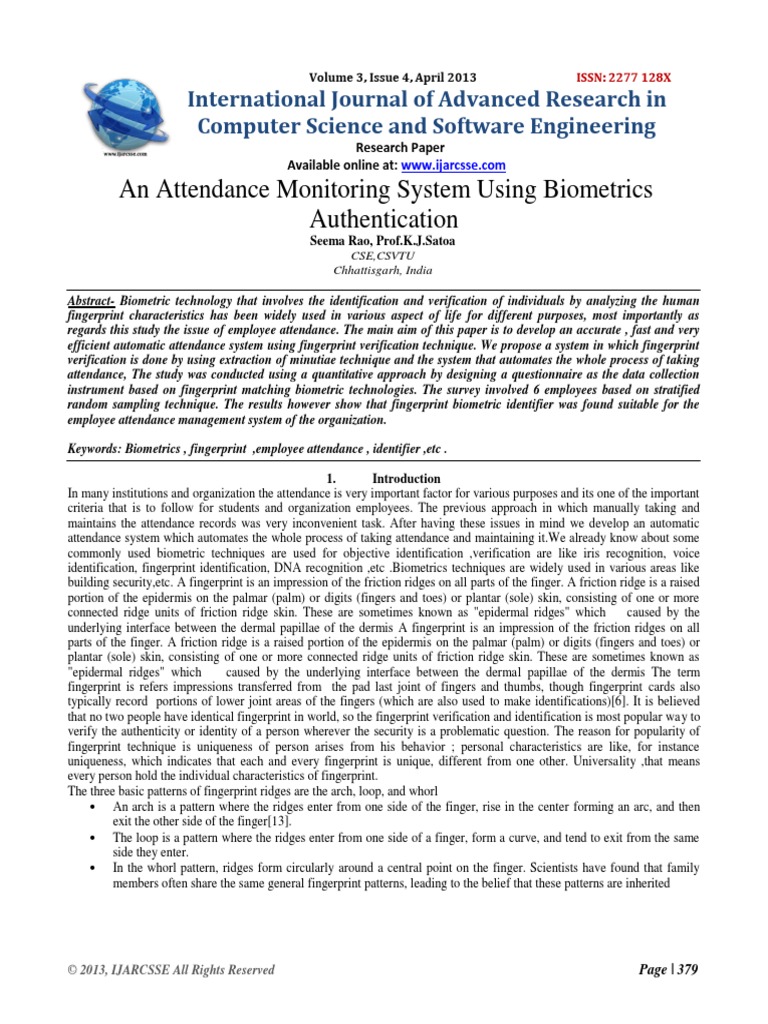 An Attendance Monitoring System Using Biometrics Authentication | PDF ...