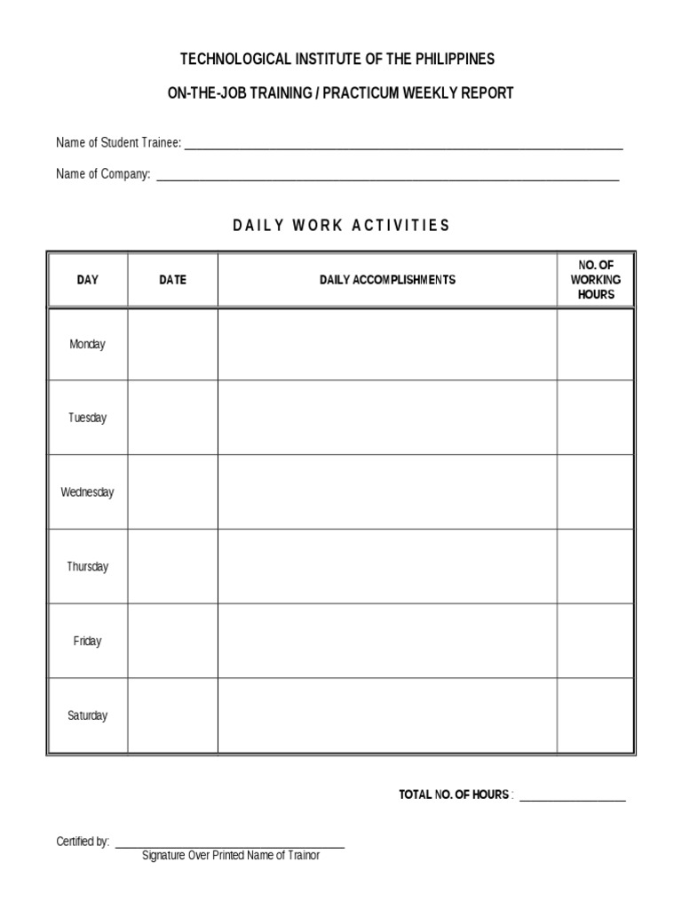  Ojt Practicum Weekly Report 1 Business Teaching And Learning