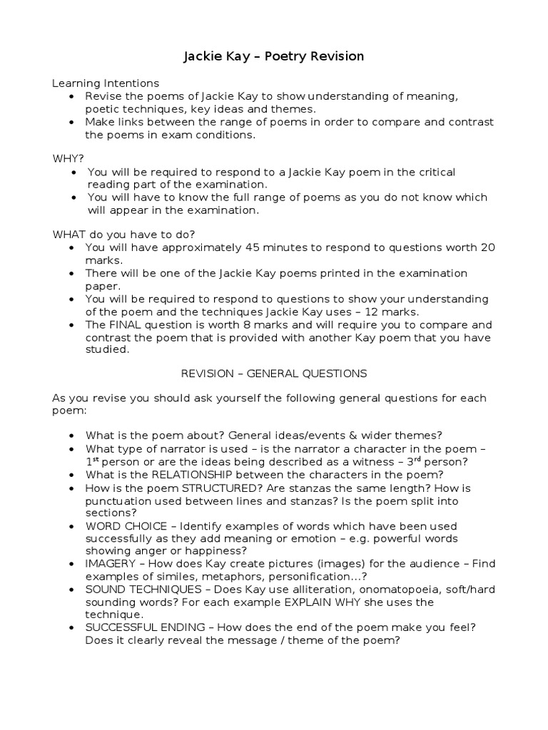 Jackie Kay Poetry Revision Guide | PDF