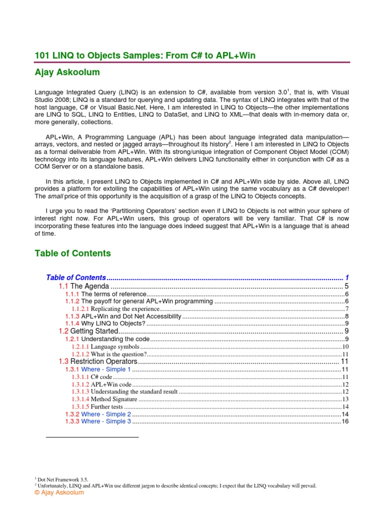 Linq To Objects - 101 - Samples - C# To Apl+Win | PDF | Language ...