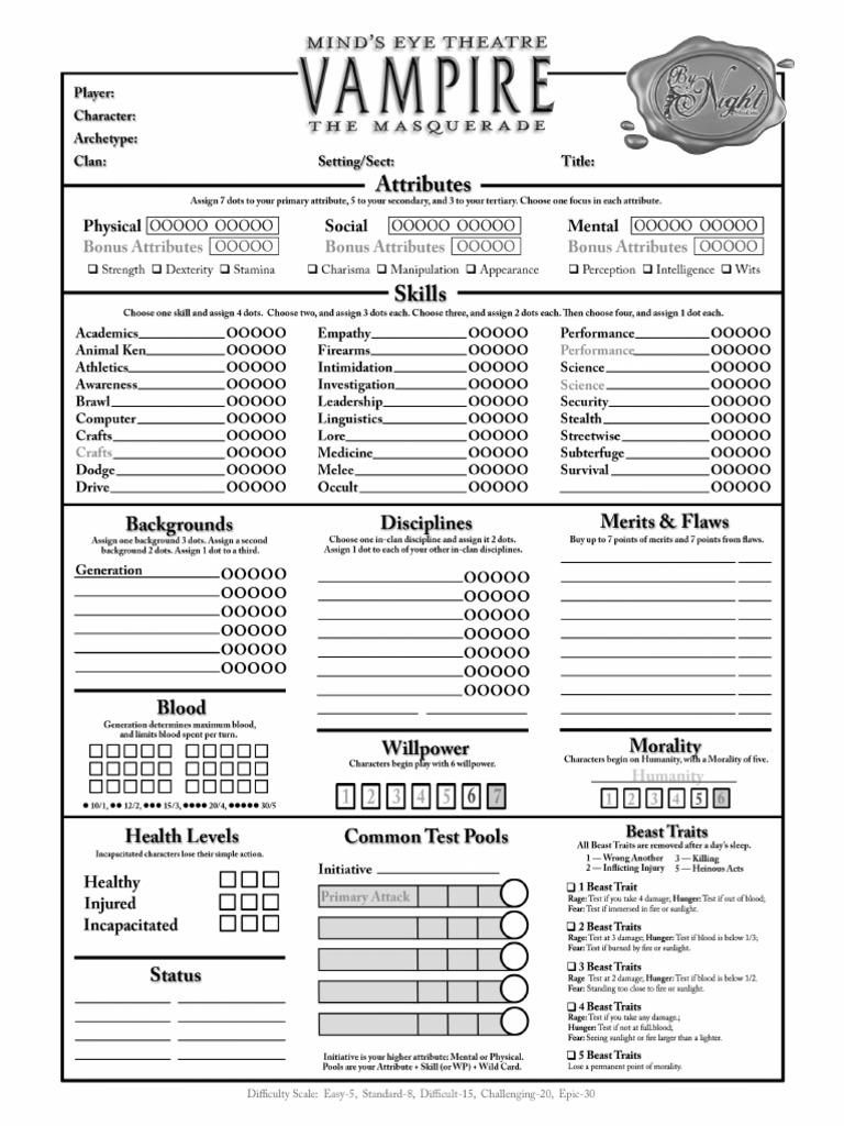 MNS MET VTM Character Sheet | PDF