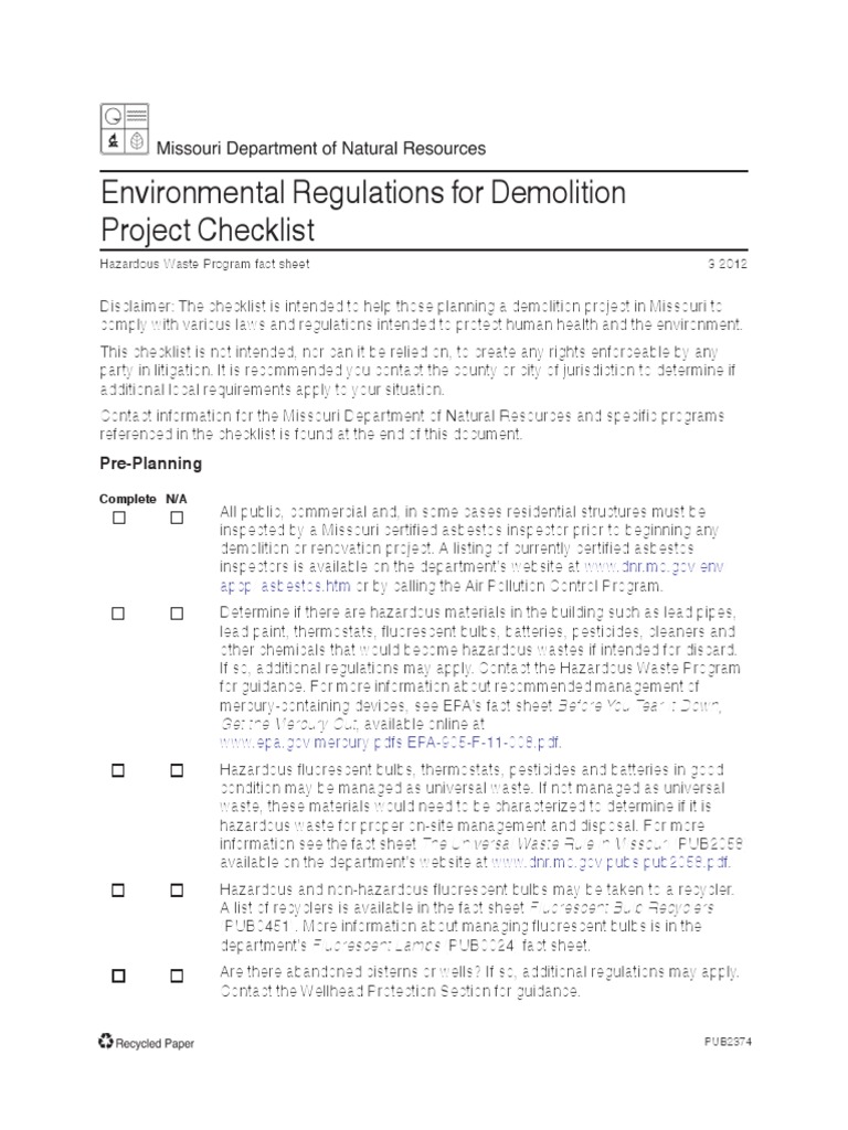 Environmental Regulations for Demolition Project Checklist | Hazardous ...