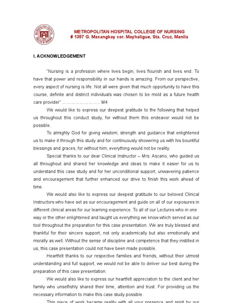 I. Acknowledgement: Metropolitan Hospital College of Nursing # 1357 G ...