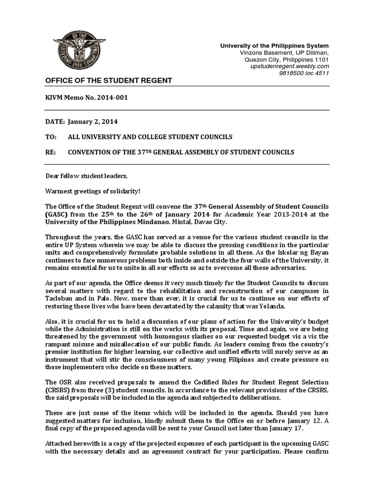 Memo No. KIVM 2014-001 37th General Assembly of Student Councils | PDF ...