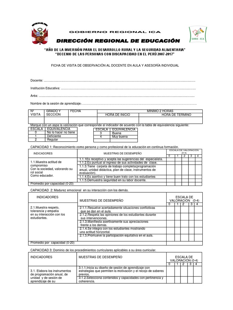 Ficha de Visita de Observación Al Docente en Aula y Asesoría Individual ...