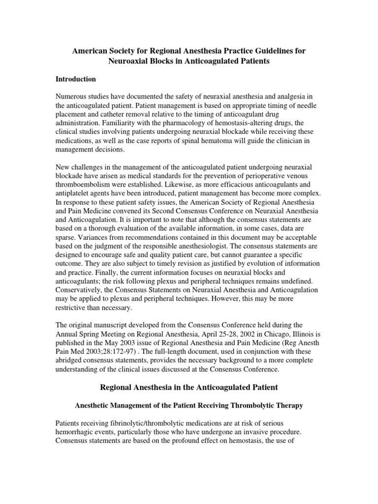ASRA Guidelines Regional Anaesthesia in Anticoagulated Patient | PDF ...