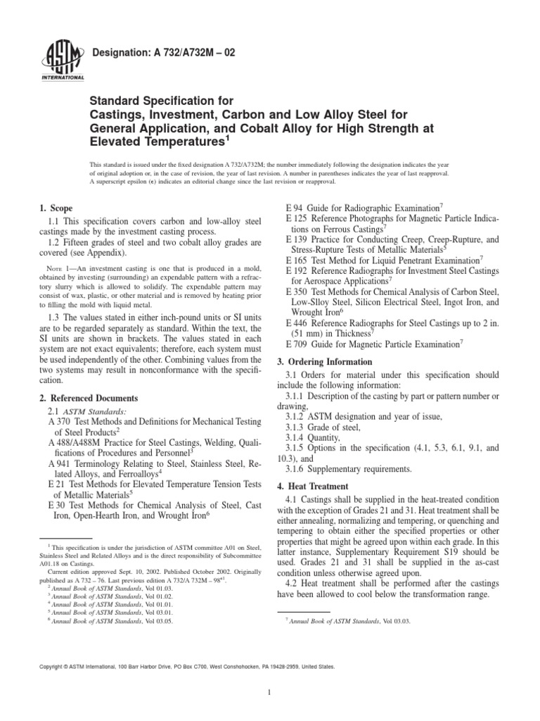 A 732 - A732M - 02 Equivalencia Ic Astm | PDF | Casting (Metalworking) | Steel