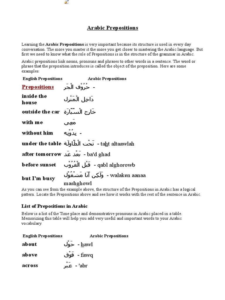 Arabic Prepositions | PDF | Preposition And Postposition | Arabic
