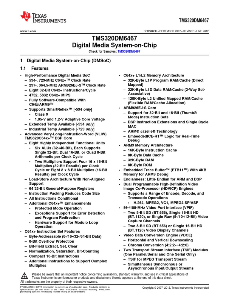 Tms 320 DM 6467 | PDF | Cpu Cache | Arm Architecture