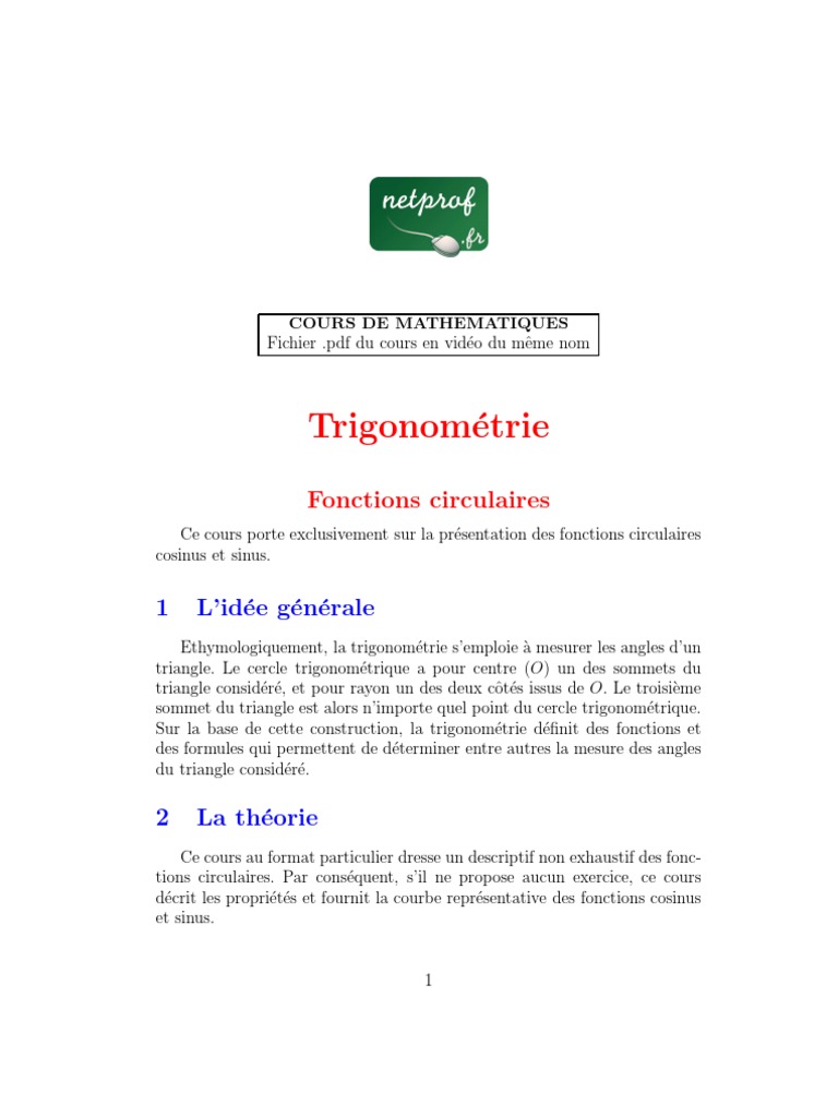 MATHEMATIQUES Premiere TRIGONOMETRIE Fonctions Circulaires | PDF ...