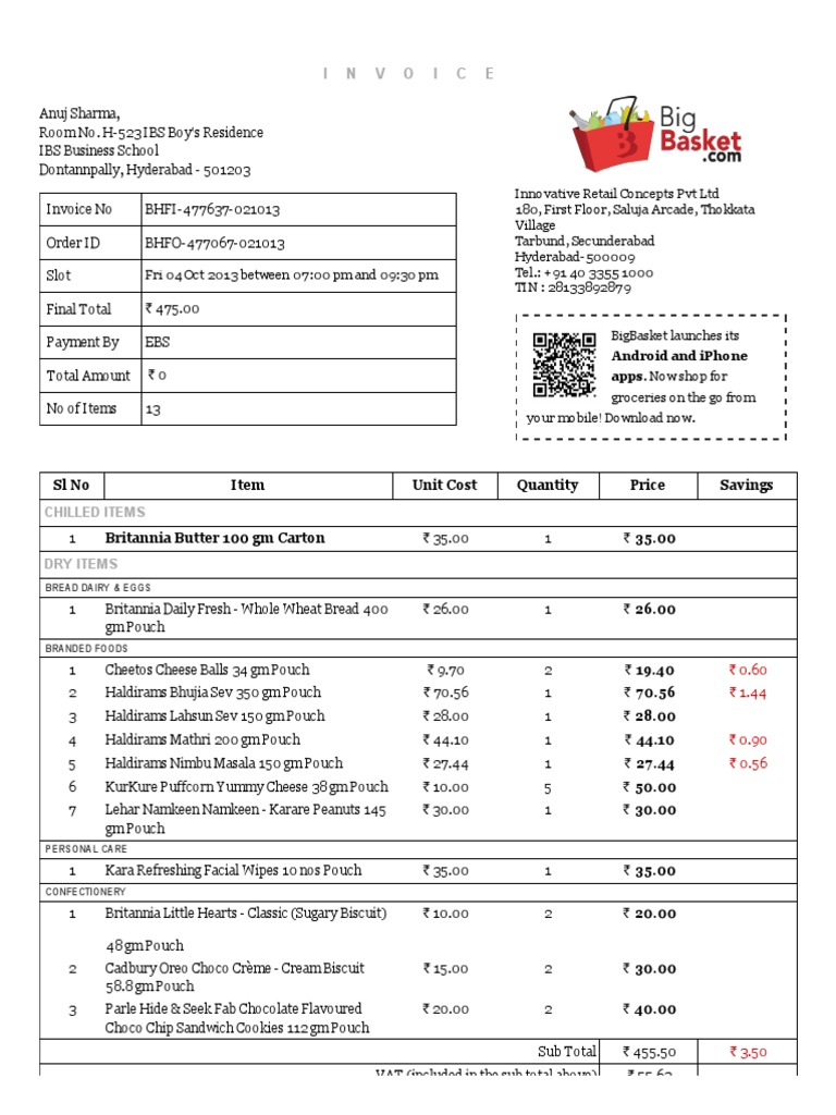 Invoice #477637 For Order # BHFO-477067-021013 - BigBasket | PDF