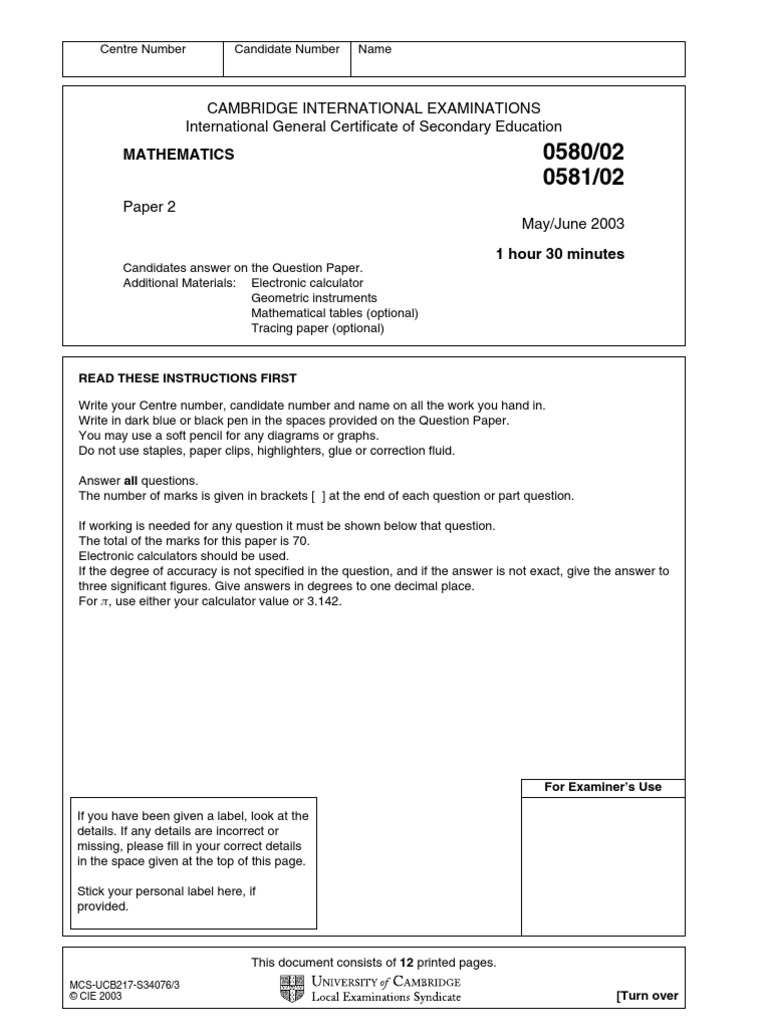 MAths IGCSE PAper 2 May 2003 | PDF | Histogram | Angle