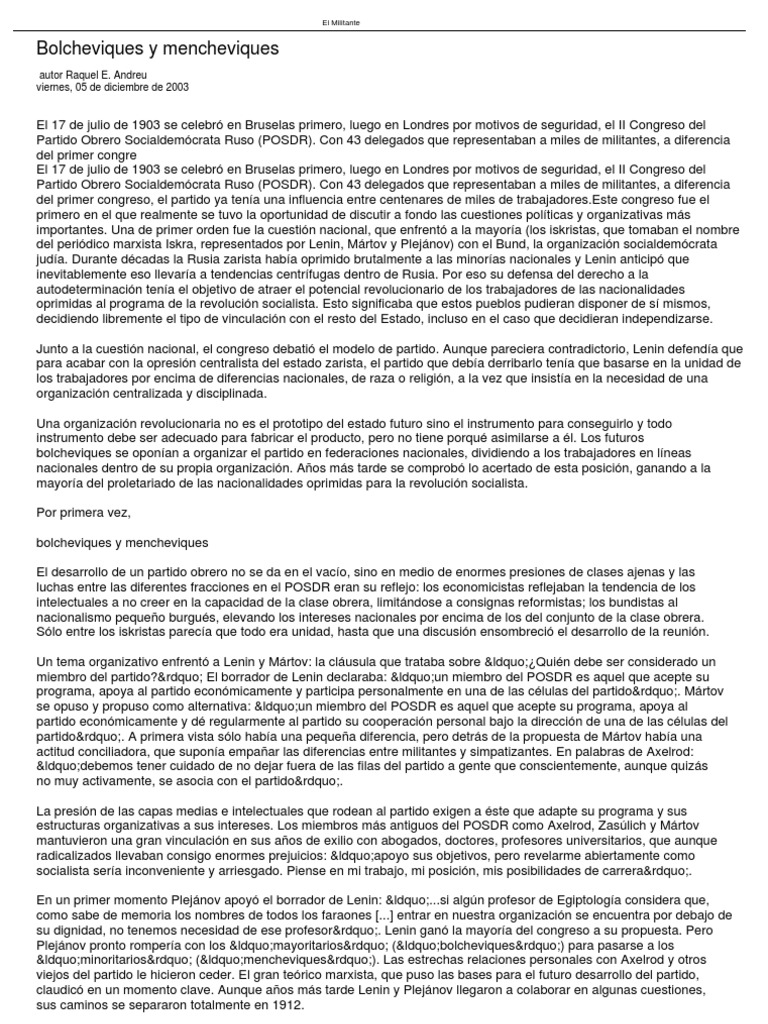 Bolcheviques y Mencheviques | PDF | Bolcheviques | Vladimir Lenin